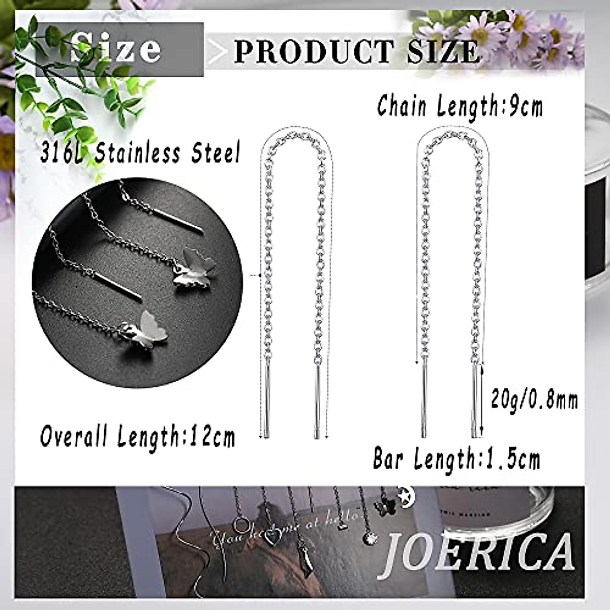 JOERICA 12 Pairs Stainless Steel Threader Earrings for Women Lightweight Chain Tassel Earrings Minimalist Curved Threader Dangle Drop Earrings Set
