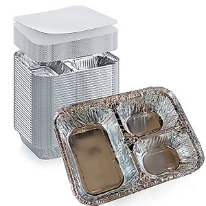 DHG PROFESSIONAL Disposable Aluminum Foil Tray with Paper Board Lids (Case of 250 sets) – L 8 1/2" x W 6 1/2" x H 1 1/2" 3-Compartment Foil Pan