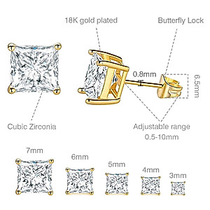 GEMSME 18K Gold Plated Princess Cut Clear Cubic Zirconia Stud Earrings Pack of 5 (gold)