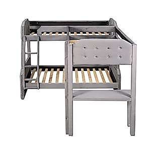 Demofit Bunk Bed and Twin Size Loft Bed and Desk, L-Shaped Twin Over Full Size Bed Frame with Ladder nd Full-Length Guardrail for Bedroom,No Boxspring Required (Grey)