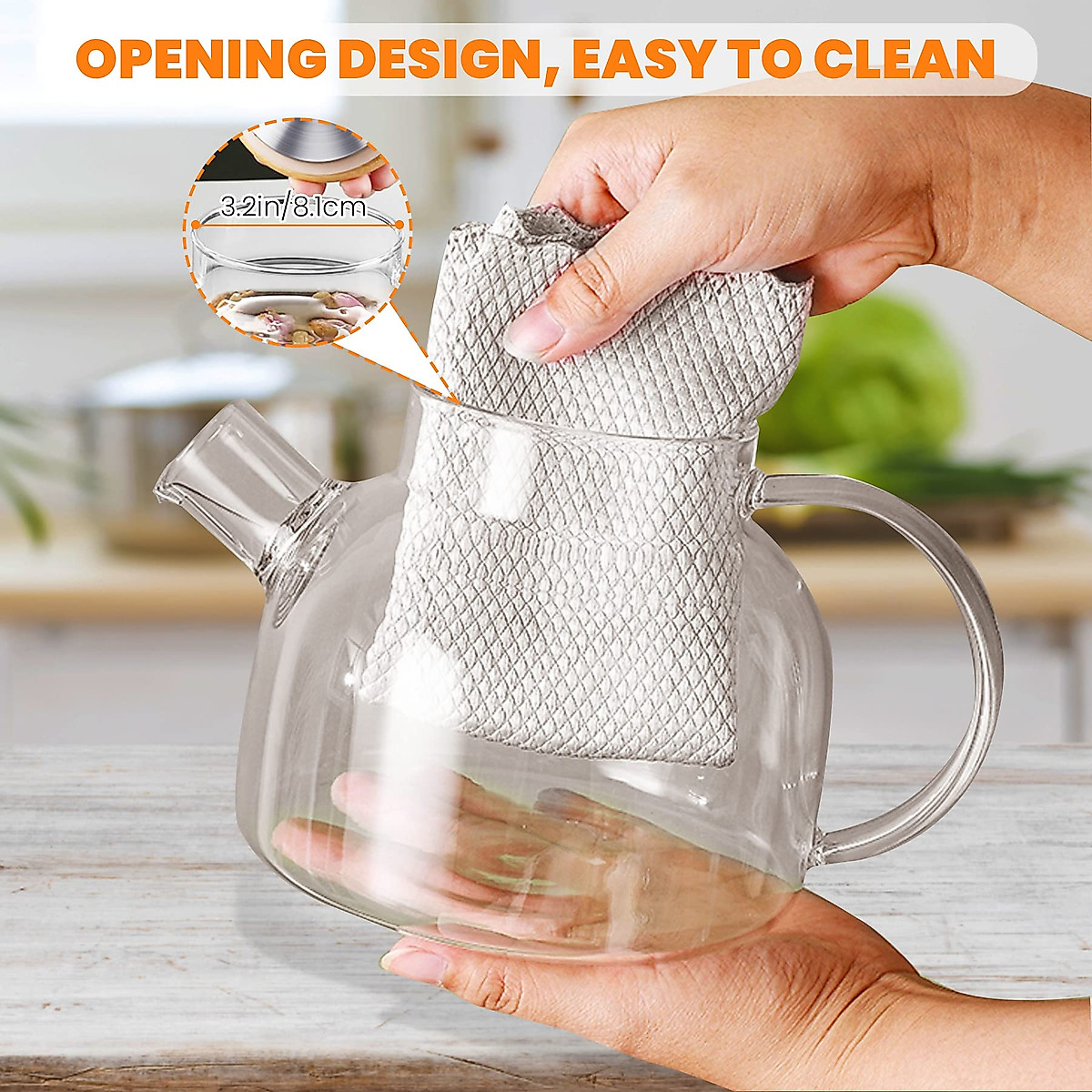 Glass Pitcher with Bamboo Lid, Glass Teapot Stovetop & Microwave Safe, Glass Borosilicate Teapot with Removable Filter Spout, 34oz/1000ml, Teapot for Loose Leaf and Blooming Tea and Fruit Tea