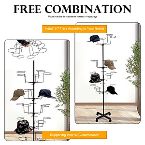 DDBESSIC 7-Tier Rotating Hat Display Rack, 35 Hooks Metal Freestanding Retail Display Stand Commercial Large Headwear Wig Rack Metal Floor Rack for Hats and Wigs (Black)