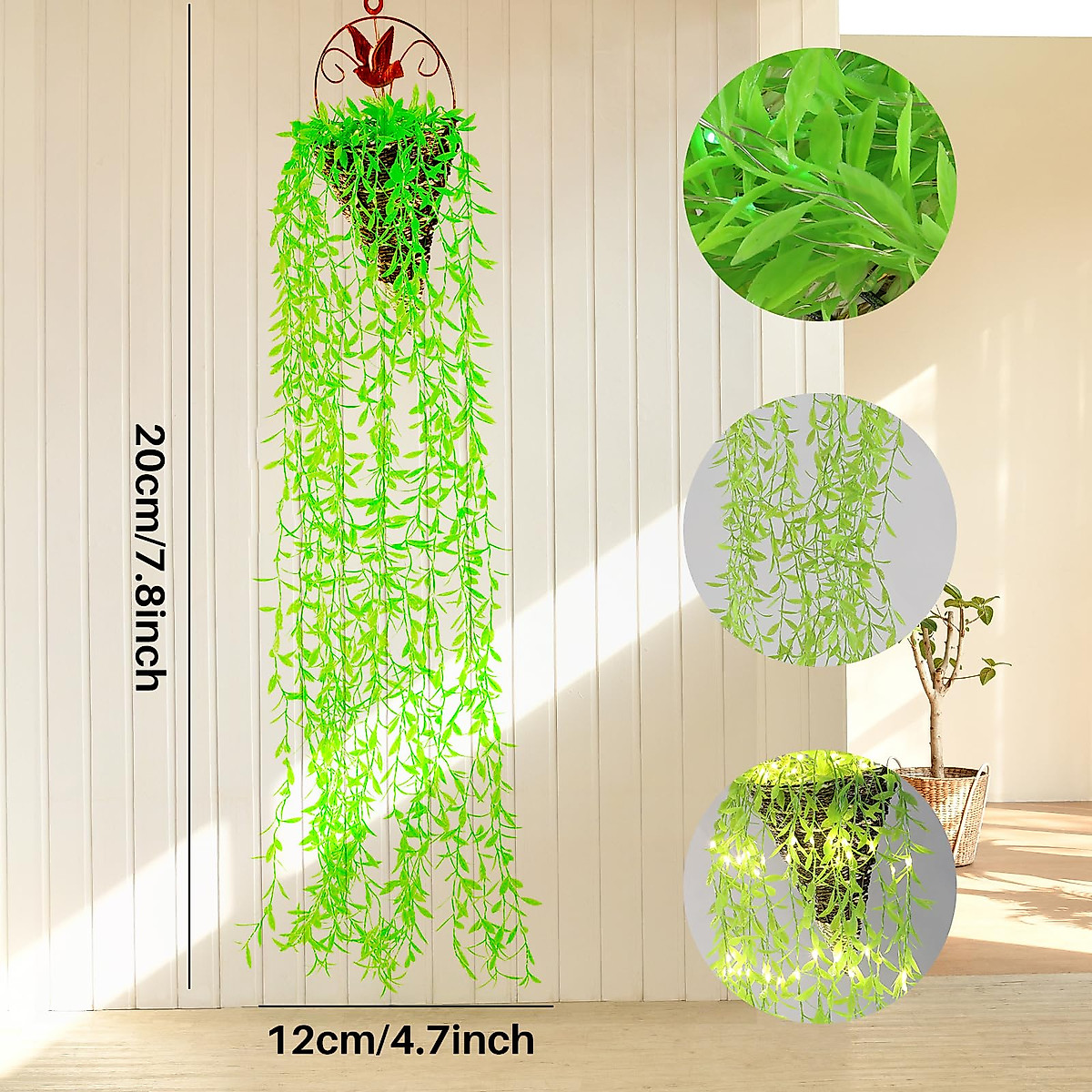 MERRIMAX M Artificial Willow Vines Hanging Plants with 8 Modes 200 LED Fairy Lights,Waterproof Outdoor Green Vine Lights with Remote Control for Room Wall House Garden Patio Decor with Baskets