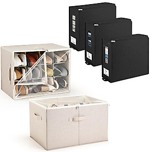 Homaisson 2-Pack Shoe Storage Organizer for Closet, Large Shoe Box Storage + 3 Pack Bed sheet organizers and storage, Foldable Sheet Set Organizers for Linen Closet (Khaki+Black)