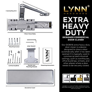 LYNN HARDWARE Extra Heavy Duty Commercial Door Closer, DC9016 Automatic Door Closer, Surface-Mounted Auto Door Closer, Size 1-6 Commercial Door Closer Heavy Duty for Heavy Traffic Areas, Aluminum