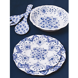 Le Cadeaux Moroccan Blue Melamine Spoon Rest and Tea Towel Set, large, white
