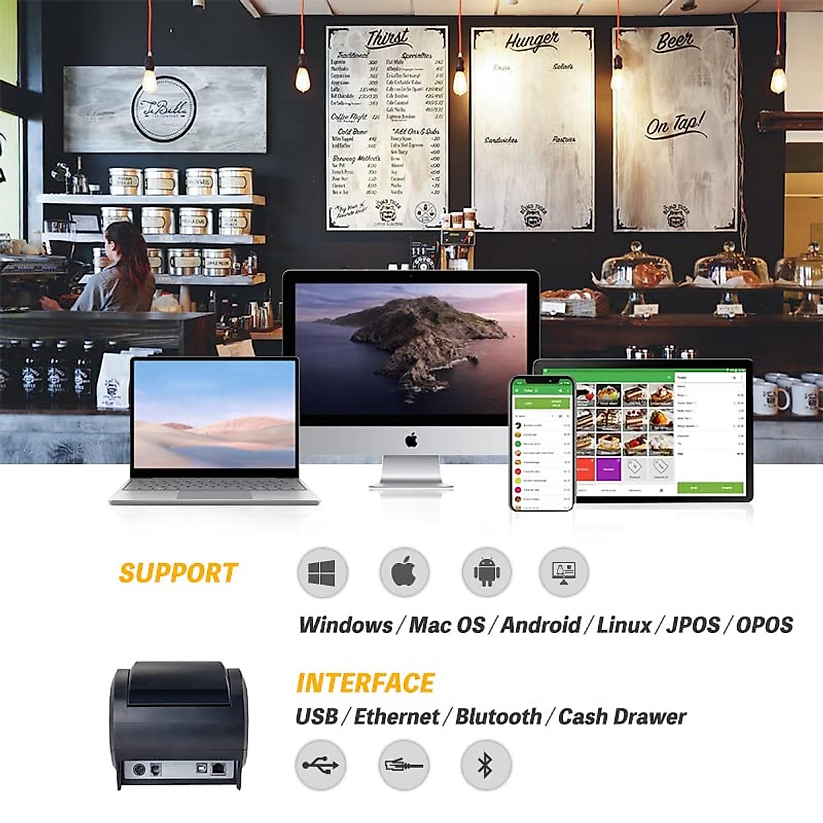 Thermal Receipt Printer, Washin WS-K260L, 80mm Receipt Printer with Auto Cutter and Support Cash Drawer, USB Ethernet Bluetooth, Windows MacOS Linux Android ESC/POS