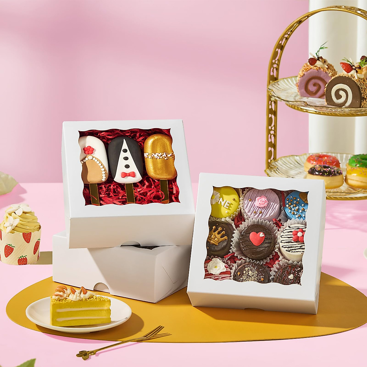 JCXGRVC 55pcs 6"x6"x2½ Bakery Boxes with Window Cookie Boxes Small Cake Boxes Macaron Boxes Pie Boxes Truffle Chocolate Boxes