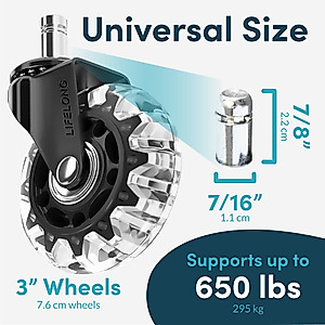 Lifelong Office Chair Wheels Replacement Rubber Chair Casters for Hardwood Floors, Set of 5, Heavy Duty Office Chair Desk Casters for Chairs to Replace Office Chair-Universal Fit
