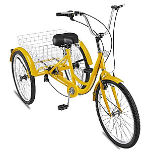 Happybuy Adult Tricycle 7 Speed Cruise Bike 20 inch Adjustable Trike with Bell Brake System Cruiser Bicycles Large Size Basket for Exercise (Yellow 20 7Speed)