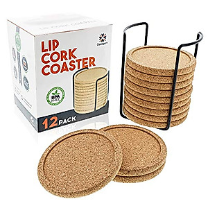 Cork Coasters with Lip for Drinks Absorbent | 12 Set 4 Inch Thick Rustic Saucer with Metal Holder Heat & Water Resistant | Best Reusable Natural Round Coasters for Bar Glass Cup Table