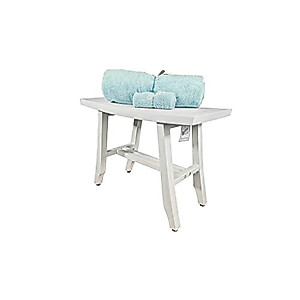 CoastalVogue Satori Teak Shower Bench Eastern Style Wood Shower Bench with Curved Seat 24″ Long Seat, Shower Stool in Antique White Finish