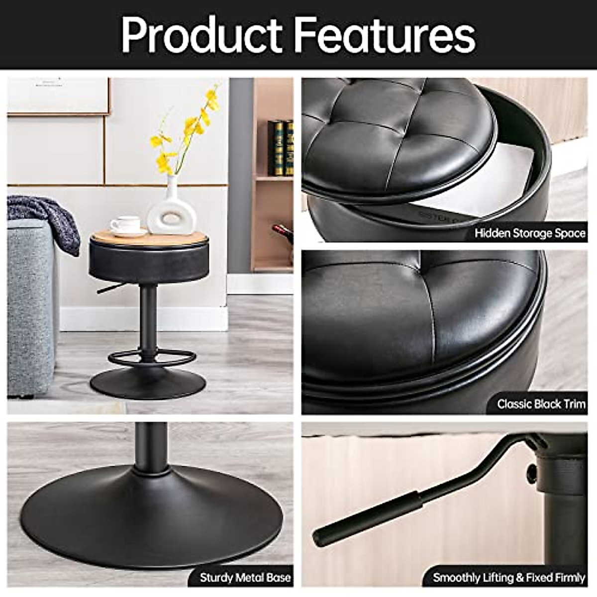 Round Storage Bar Stool Set of 2, Black Faux Leather Height Adjustable Barstool, 360°Counter Height Swivel Stool, Armless Bar Chair with Metal Frame for Kitchen Counter Dining Living Room