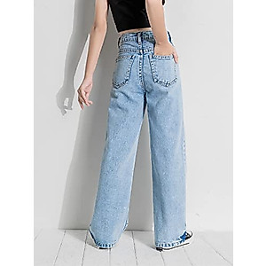 Romwe Girl's Vintage High Waisted Straight Leg Jeans Regular Fit Denim Pants Blue Light Wash 160