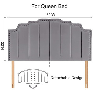 Kingfun Mid Century Headboard for Queen Size Bed, Velvet Upholstered Tufted Bed Headboard with Nailhead Decor, Adjustable Curved Solid Wood Head Board Vertical Channel Design (Medium Grey)