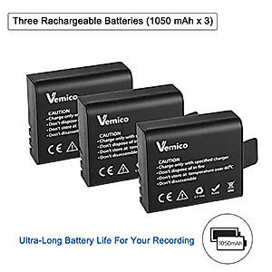 Vemico Action Camera Battery, 3x1050mAh Battery Rechargeable PG 1050 Battery for AKASO/Campark/APEMAN/DBPOWER/WiMiUS/AKASO EK7000/Brave 4/SJ4000 with Dual Battery Charger Kit