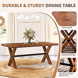 LUE BONA 71 inch Dining Table for 6-8, Solid Wood Farmhouse Kitchen Table with Natural Wood Grain, Heavy Duty Rectangular Kitchen Dining Table for Home and Dining Room, Light Brown