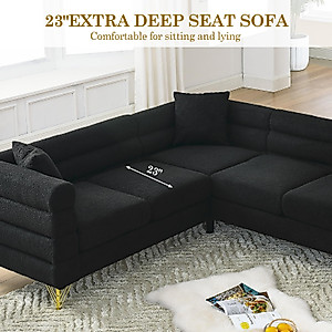 JEEOHEY L Shaped Corner Sofa Couch,Oversize Sofa with 5 Seater,Modern Deep Seat Sofa,Comfy Upholstered Sofa,Teddy Bouclé Cloud Sofa,Furniture for Living Room,Bedroom,Office,Apartment(Black)