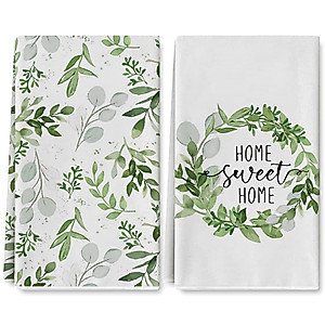AnyDesign Greenery Kitchen Towel 18 x 28 in Watercolor Green Leaves Seasonal Dish Towel Sweet Hand Towels Farmhouse Dishcloths Drying Baking Cooking Tea Towel for Spring Summer Cleaning Wipes, 2Pcs