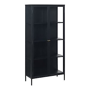 Nyhus AMZ-42040602 Modern Tempered Glass & Steel Storage Cabinets with Adjustable Feet, 4 Shelves, Freestanding, Bookcases & Shelves for Home Office, Living Room, 15.75 x 35.5 x 75 in, Black/Clear