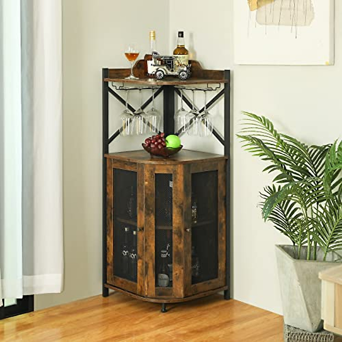 JKsmart Corner Bar Cabinet with Glass Holder,Industrial Wine Cabinet with Mesh Door,Wine Bar Cabinet with Adjustable Shelf,Home Bar for Liquor and Wine Storage,Rustic Brown