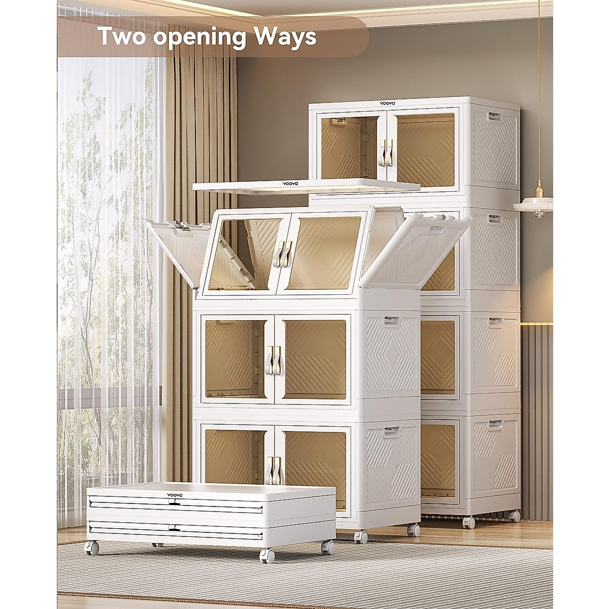 Voova 48QT Storage Bins with Lids,Stackable Collapsible Closet Organizers and Storage Cabinet with Drawer,Folding Plastic Craft Storage Containers Box with Door&Wheels for Home,Office,Dorm Room,3 Pack