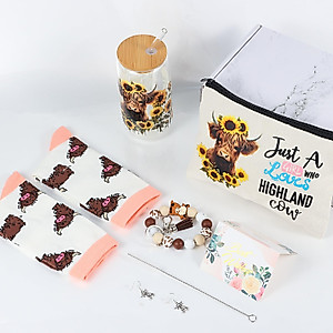 SAIWEILAI ONLINE 6 Pieces Highland Cow Gifts Set for Women Cow Lovers 16oz Glass Cups Just a Girl Who Loves Highland Cow Makeup Bag Cow Socks Keychain Earrings and Gift Box for Women Mom Sister Gift