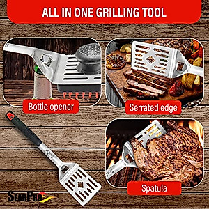 SearPro 4-in1 Grill Brush BBQ Cleaner Scraper Barbecue Tool Accessories Kit Heat Resistant Nylon Bristle Spatula Outdoor Smoker Black Stone Grate Cast Iron Spatula Non-Wire Brush Combo