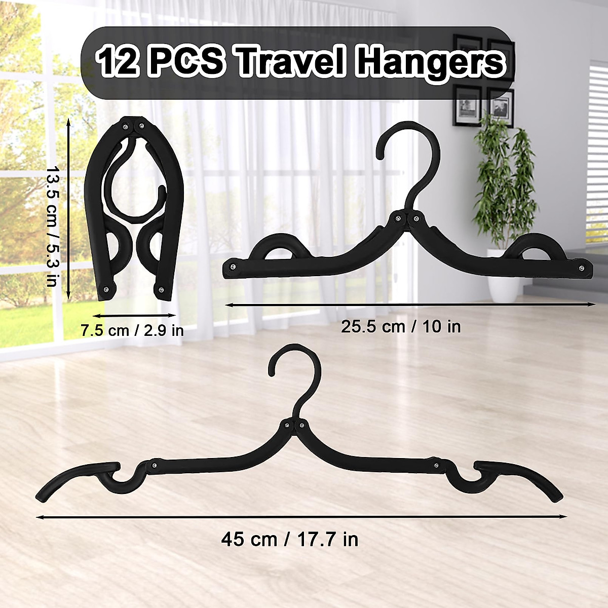 exinddea 12 PCS Travel Hangers,Portable Folding Clothes Hangers Travel Accessories,Foldable Clothes Drying Rack for Travel,Travel Clothes Hangers with Clotheslines,Black Non Slip Clothing Hangers