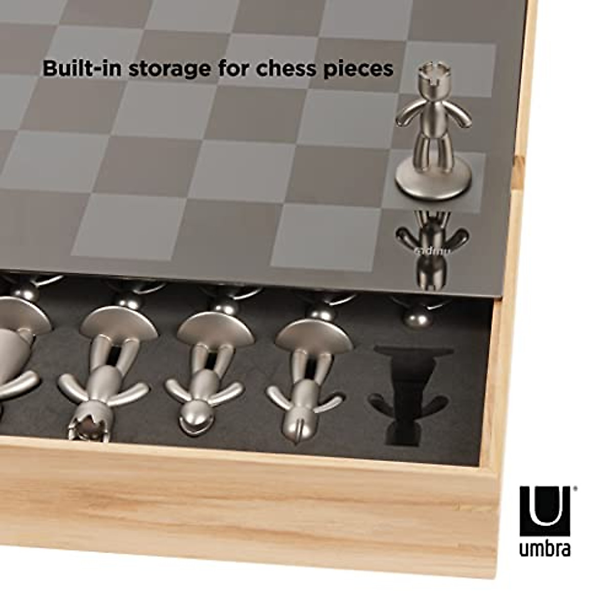 Umbra Buddy Chess Set For Kids & Adults – Modern Original Chessboard Game Made of Metal With Nickel & Titanium Finish – Measures 13 x 13 by 1 ½ Inch (33 x 33 x 3.8 cm) - Velvet Bottom for Easy Moving