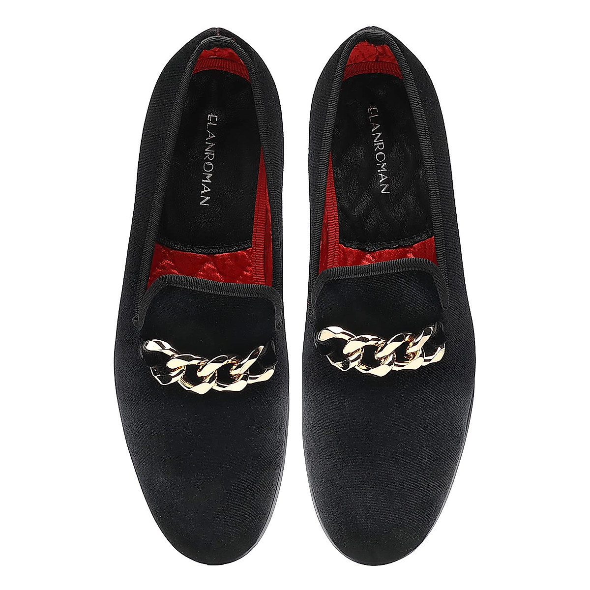 ELANROMAN Men's Velvet Loafers Fashion Gold Chain Penny Slip on Party Wedding Prom Shoes Black US 7