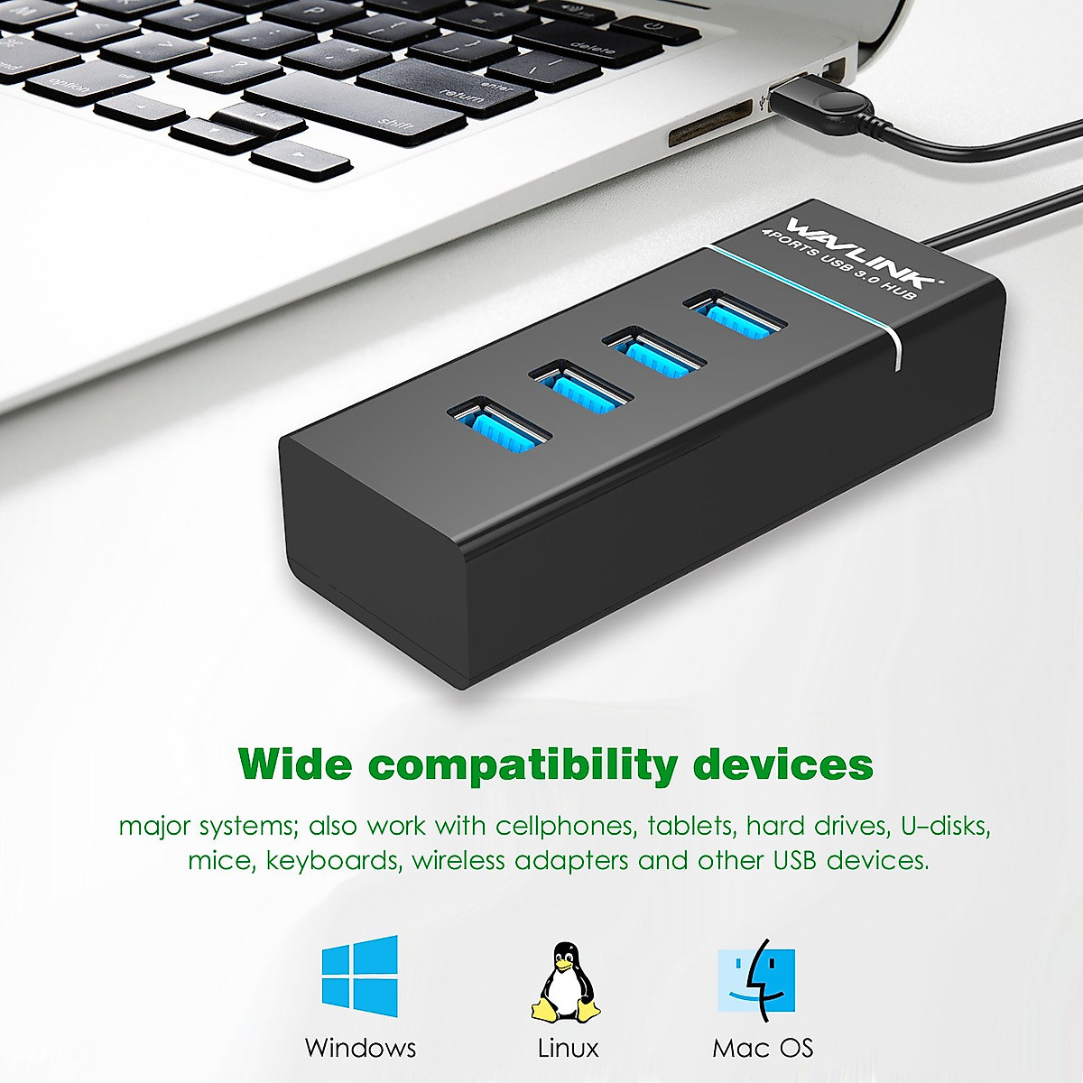WAVLINK USB 3.0 Hub,4-Port USB3.0 Type A Adapter up to 5Gbps,Portable Data Hub for Windows, Laptop, MAC OS 10.6 to 10.13.3, UltraBook（No Driver Needed,Play and Plug）