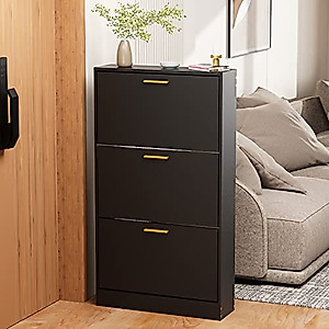 JOZZBY Shoe Cabinet for Entryway, Black Slim Shoe Cabinet with 3 Flip Drawers Narrow Shoe Storage Cabinet Freestanding Shoe Organizer for Entryway, Hallway, Living Room