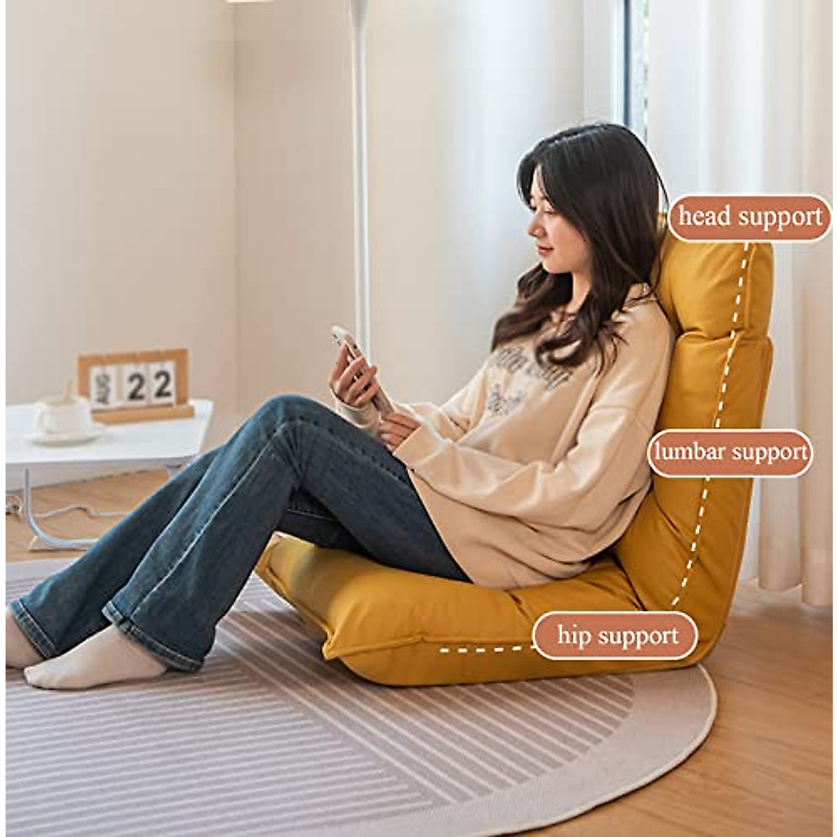 RIYIFER Single Sofa Bed Chair, 5 Positions Adjustable Floor Sofa Water Proof High Back Floor Chair Folding Lazy Sofa for Bedroom Living Room Party Use,Beige