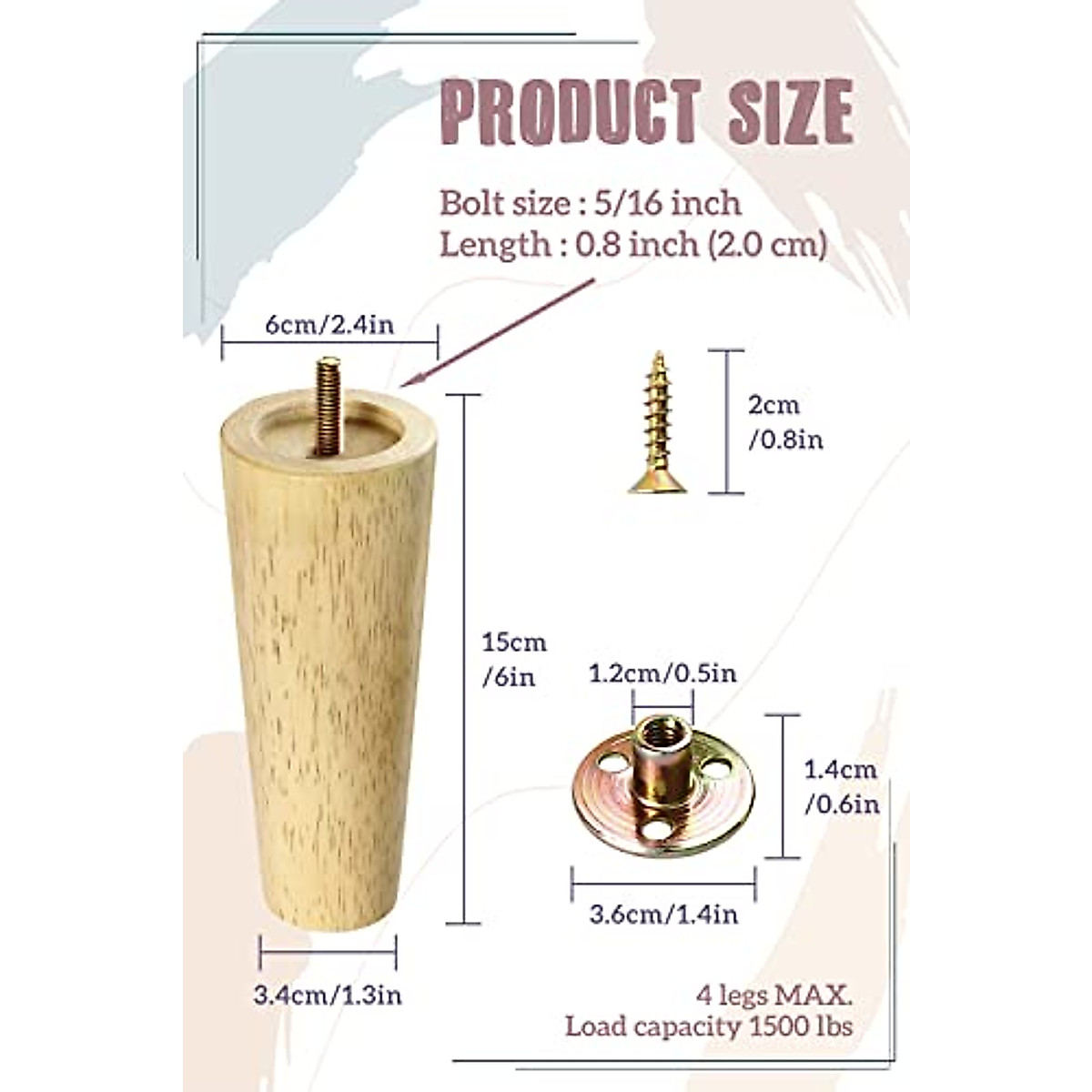 GOSCHE Round Solid Wood Furniture Legs Sofa Legs 6 inch, Natural Wooden Couch Legs, Replacement Legs for Armchair, Cabinet, Chair, Mid Century Modern Dresser Or Home DIY Projects Bun Feet