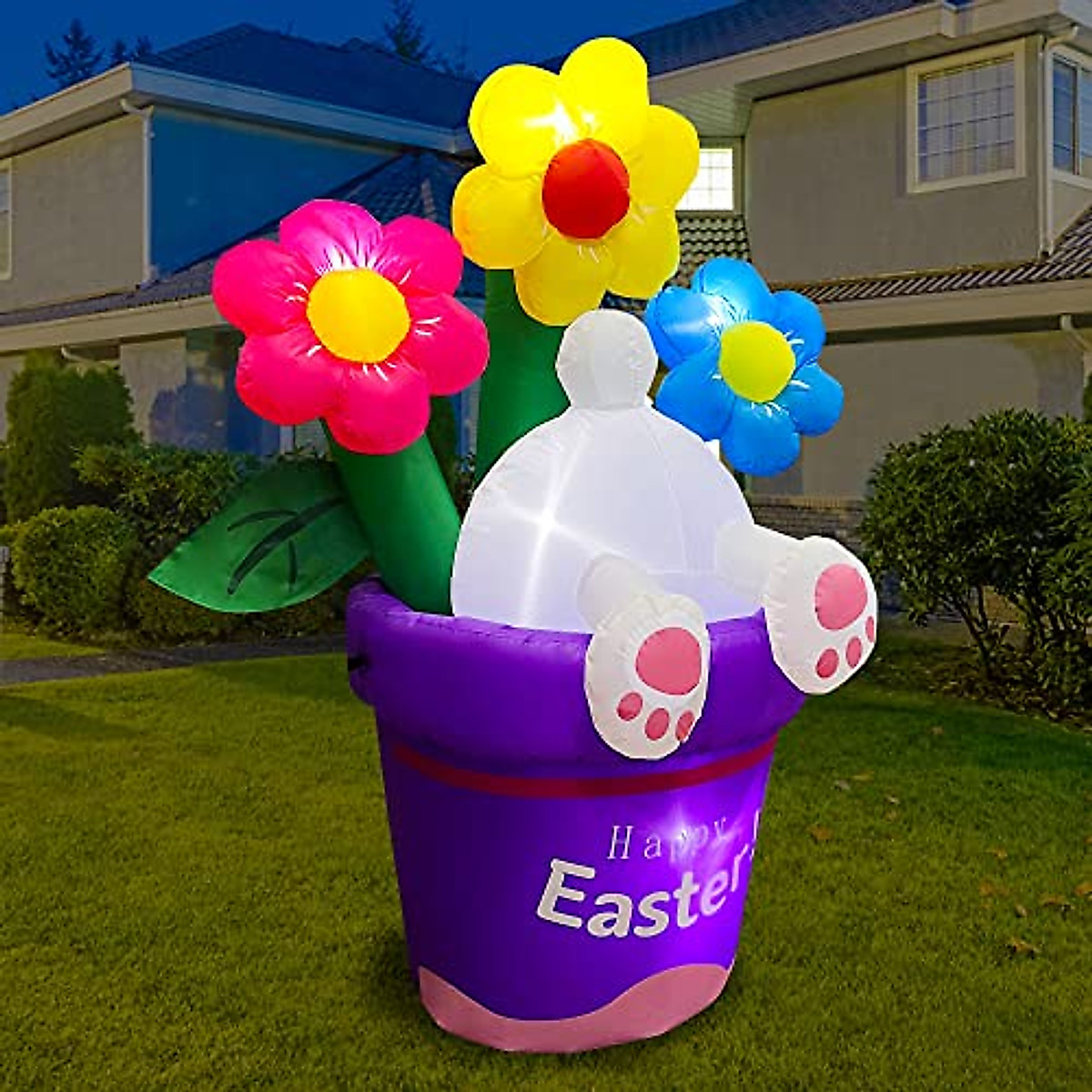 BLOWOUT FUN 6ft Inflatable Easter Rabbit into Flower Basket Decoration LED Blow Up Lighted Decor Indoor Outdoor Holiday Art Decor Clearance