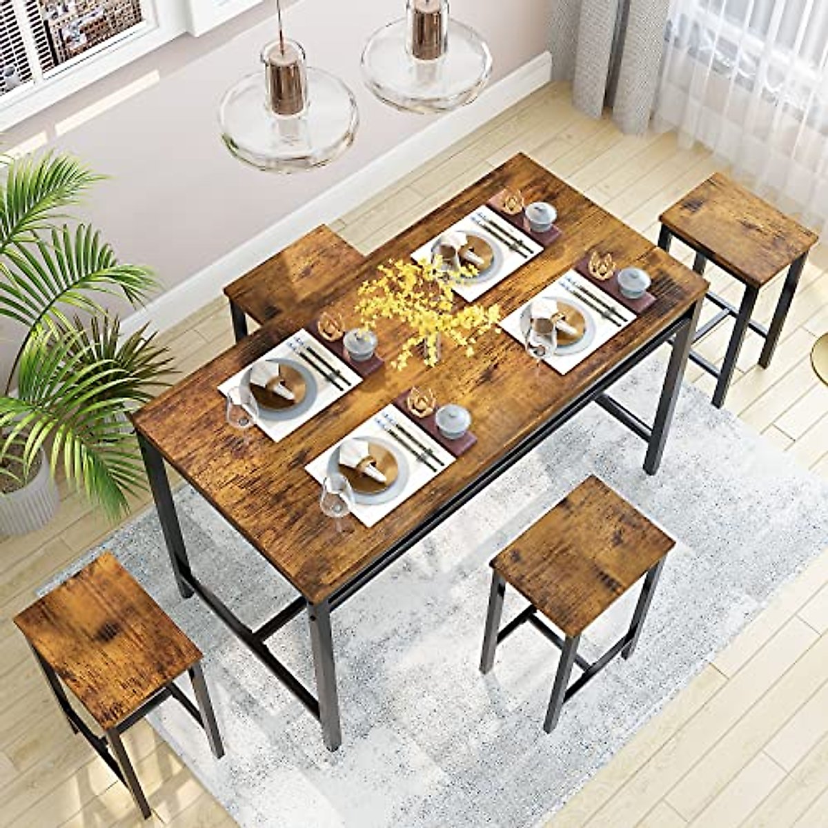 Lamerge Dining Bar Table Set for 4, Modern Counter Height Table and 4 Bar Stools, 5 Piece Bar Table and Chairs Set for Small Spaces, Apartment, Pub, Dining Room, Kitchen (Rustic Brown)