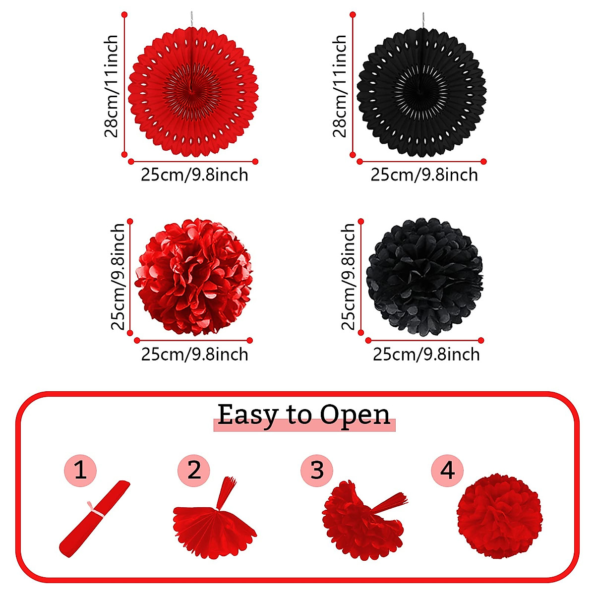 Recosis Red and Black Party Decorations, Papar Fans Pompoms Fans Garlands for Birthday Wedding Graduation Game Night Boy Girl Party Decorations