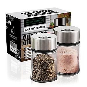 Green Sky Enterprise Premium Salt and Pepper Shakers with Adjustable Pour Holes - Set of 2 - Elegant Stainless Steel and Glass - Perfect Spice Dispenser Set for Your Delicious Meals