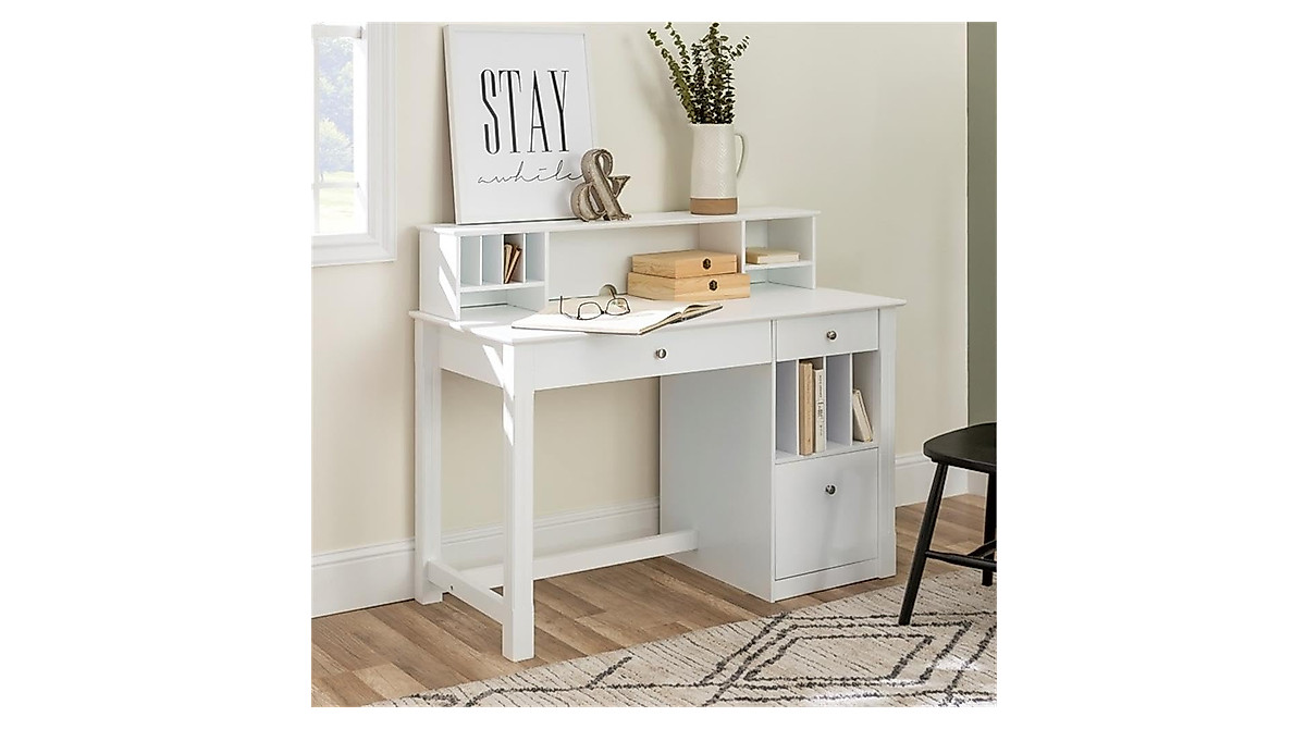 Walker Edison White Wood Deluxe Computer Desk & Hutch