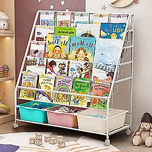 yazi Kids Bookshelves with Toy Storage Organizer, Large 35inx38in 6 Tier Metal Kids Bookcases with 3 Storage Boxes Organizer Shelf in Nursery, Playroom, Study Room,Nursery for Preschooler Children