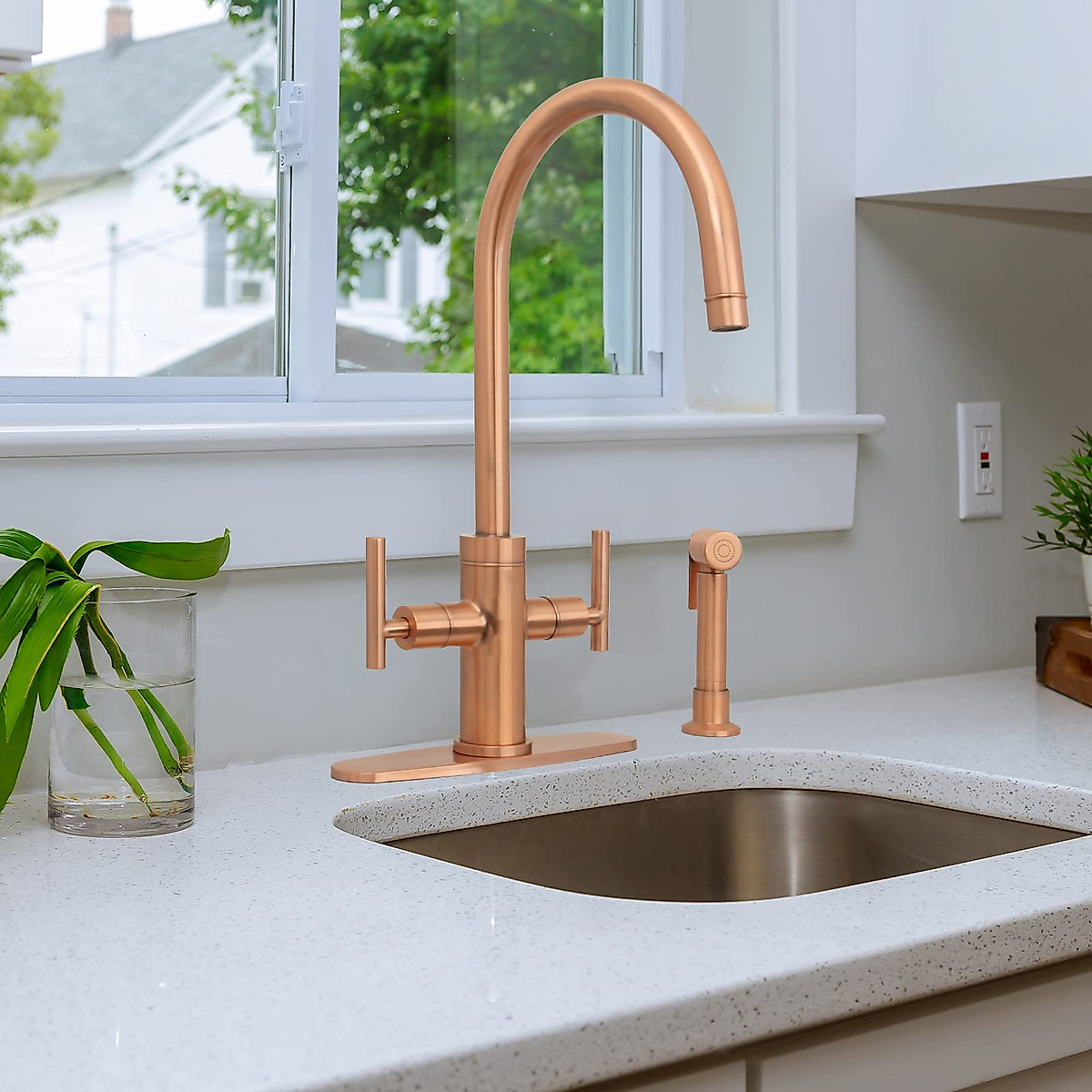 Two-Handle Widespread Kitchen Faucet with Side Sprayer (Copper)