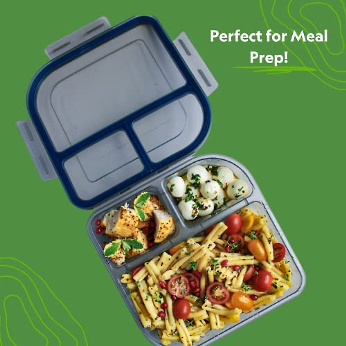 MyGo Container Small To-Go 3-Compartment Food Container, 8" x 8" x 2-1/2", Reusable, Microwave Safe, Smoke/Blue