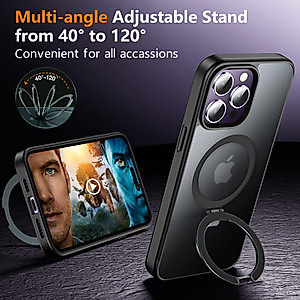 SPIDERCASE Magnetic for iPhone 14 Pro Max Phone Case,Built-in Invisible Stand [Compatible for Magsafe] Military Grade Shockproof [2 Pack Tempered Glass Screen Protector] Translucent Matte Case,Black