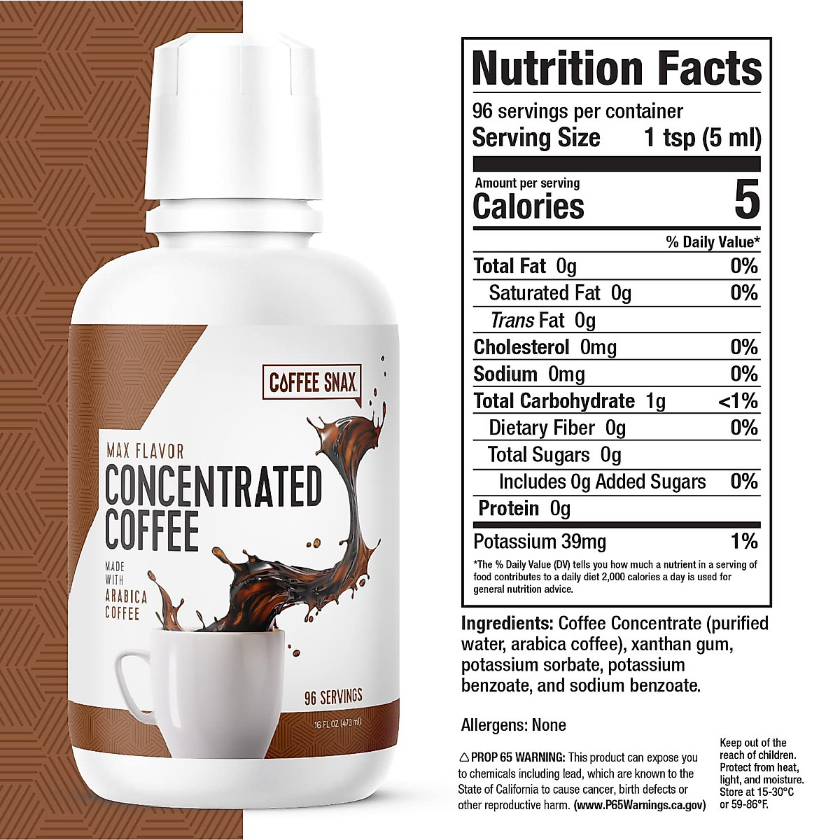 Coffee Snax Cold Brew Coffee Concentrate, Unsweetened Black Coffee Concentrate with No Added Sugar (Bulk 96 Servings Bottle)
