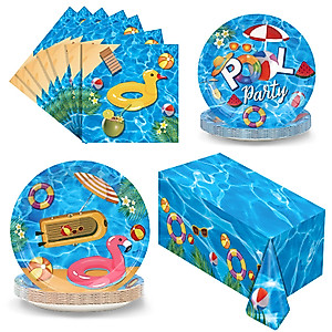 Pool Birthdy Party Tableware set,Beach Theme Party Supplies,Paper Plates,Napkins,Tablecloth for Kids Birthday, Pool,Beach,Summer Party,76 PCS,Serves 25