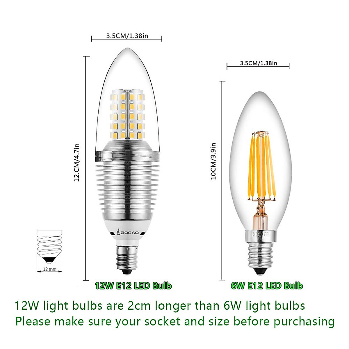 Bogao E12 LED Candelabra Bulb, 12W Daylight White 6000K LED Candle Bulbs, 80-100 Watt Light Bulbs Equivalent, E12 Candelabra Base,1200 Lumens LED Lights,Torpedo Shape (4 Pack)