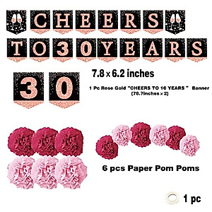 30th birthday decorations for her - (21pack) cheers to 30 years rose gold glitter banner for her, 6 paper Poms, 6 Hanging Swirl, 7 decorations stickers. 30 Years Old Party Supplies gifts for women