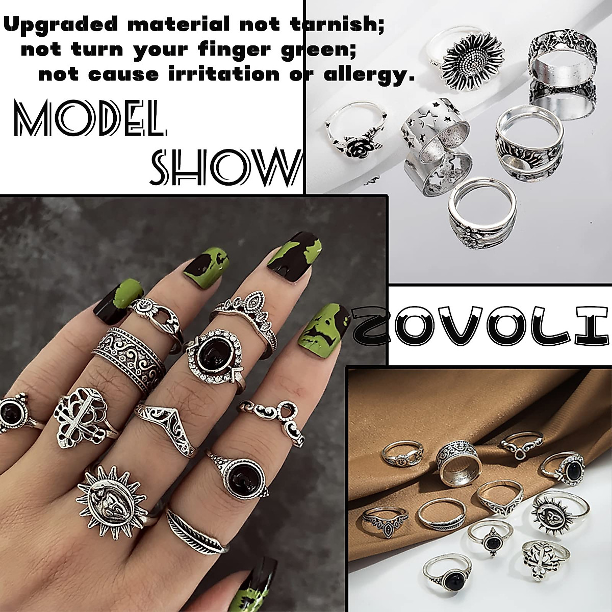 ZOVOLI 42-45PCS Vintage Sliver Goth Punk Rings Set for Women Men Cool Gothic Ring Pack Y2K Open Chunky Knuckle Emo Rings Skull Snake Flower Butterfly Trendy Stackable Rings for Gift (45PCS)