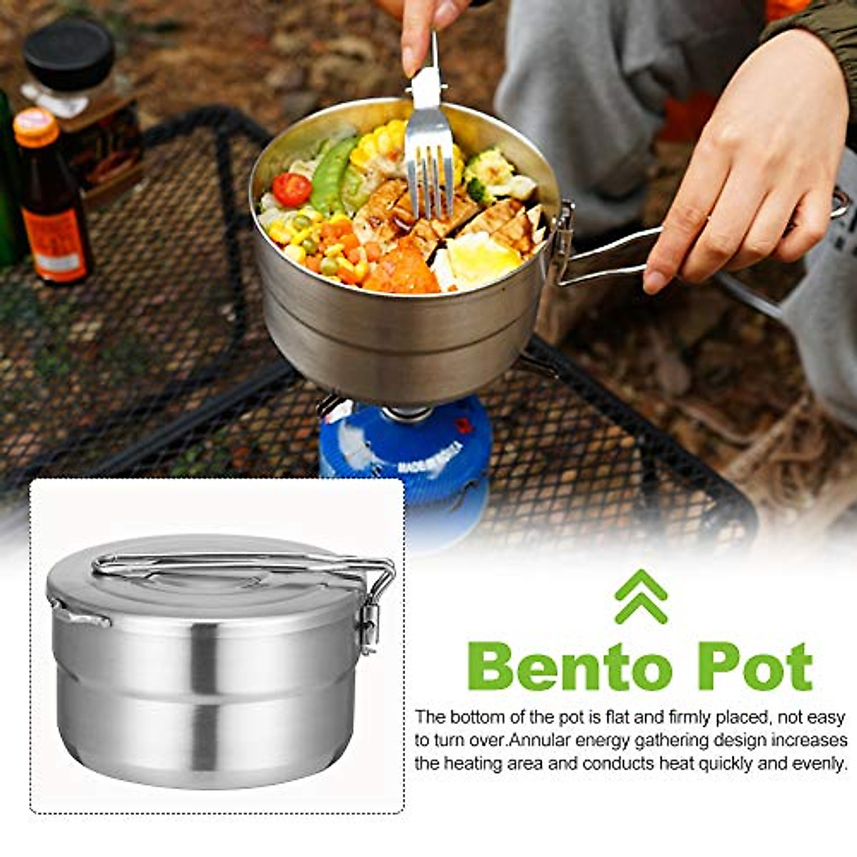 Denpetec Stainless Steel Camping Cook Pot with Lid and Folding Handle Camping Cookware 1.5L Large Capacity Bento Pot for Camping, Hiking, Picnic